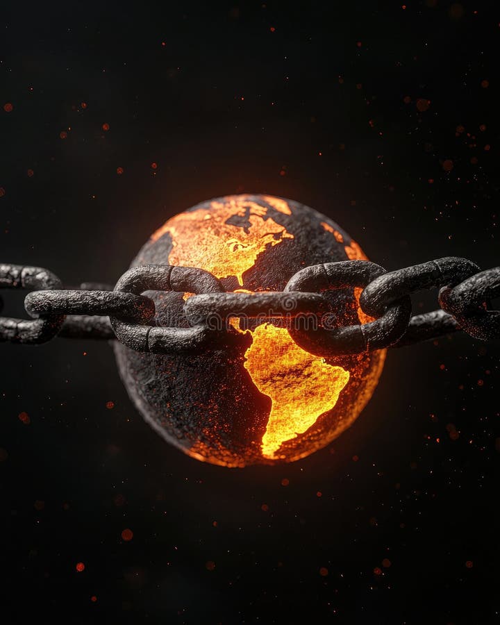 A Dramatic Illustration of a Burning Earth Encased in Chains ...