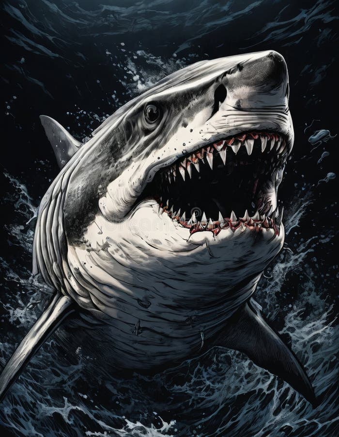 Dramatic Illustration of a Great White Shark Emerging from the Ocean ...