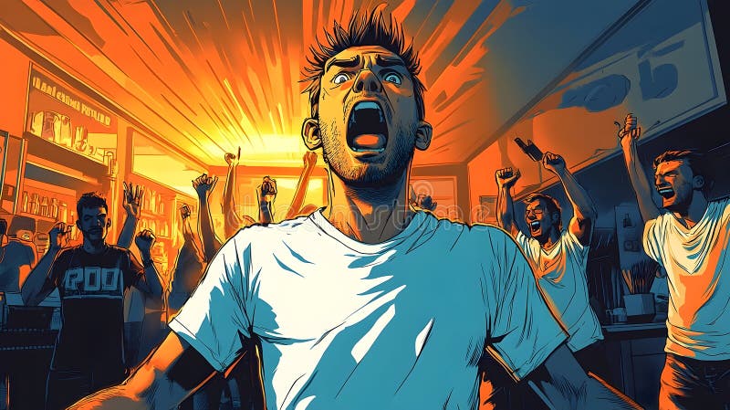 A Dramatic Illustration of a Man Expressing Intense Emotion in a Crowd ...