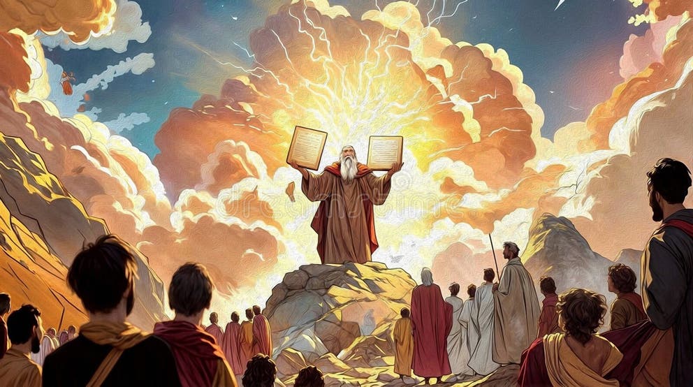 A Dramatic Illustration of Moses Presenting the Ten Commandments on ...
