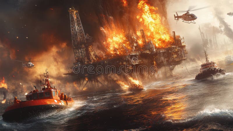 Dramatic Illustration of an Oil Rig Explosion with Intense Flames and ...