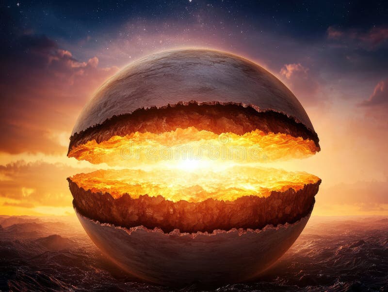The Planet Breaks Apart, Revealing a Glowing, Fiery Core, Bright Molten ...