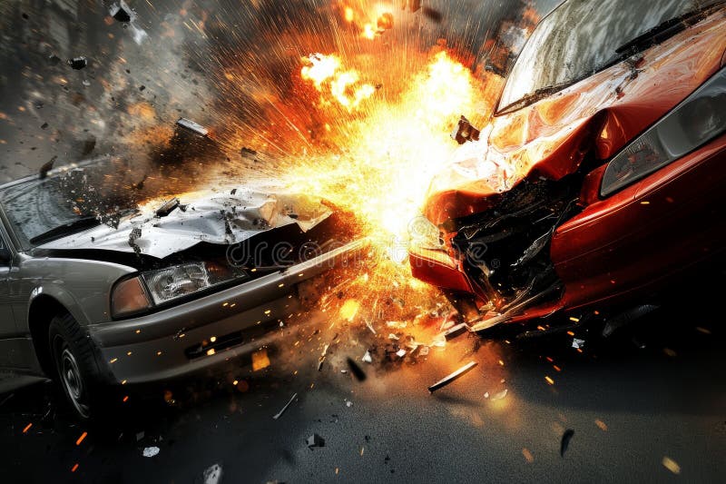 A Dramatic Illustration Showing Two Cars Colliding and Exploding. Stock ...