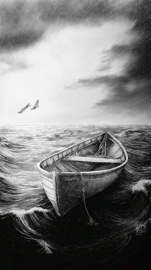 Dramatic Illustration of a Small Empty Boat Floating on a Rough Sea ...