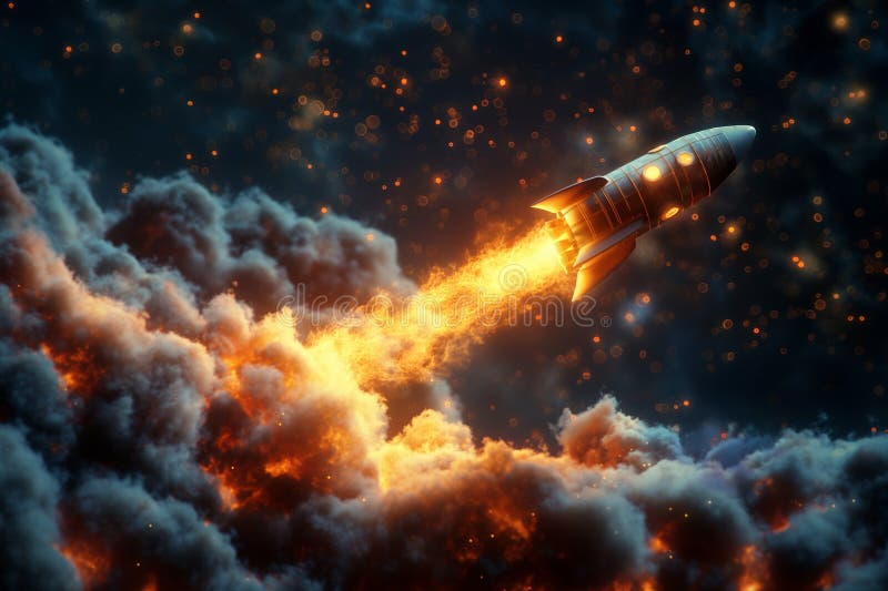 Rocket Blasting through Space with Fire Tail Stock Image - Image of ...