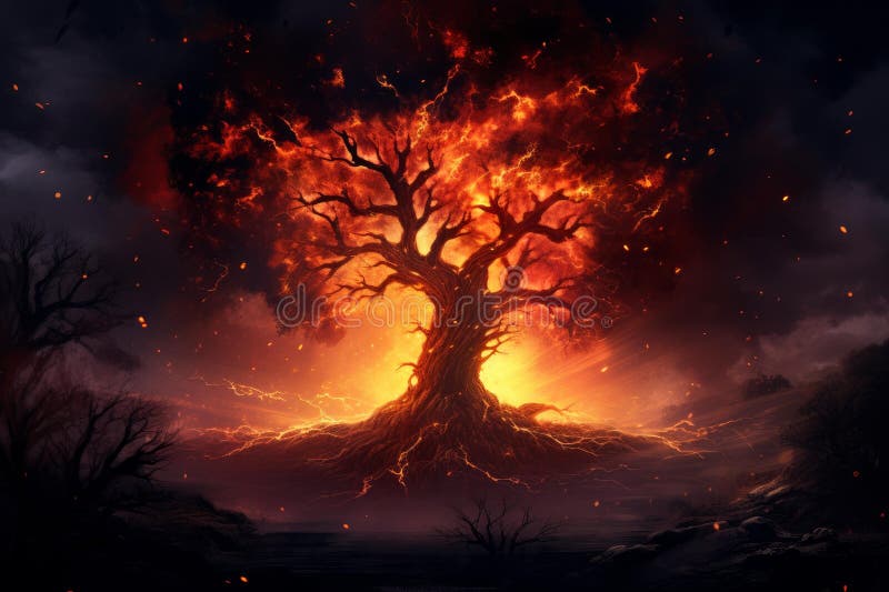 Fiery Tree Under Starry Sky Stock Illustration - Illustration of fiery ...