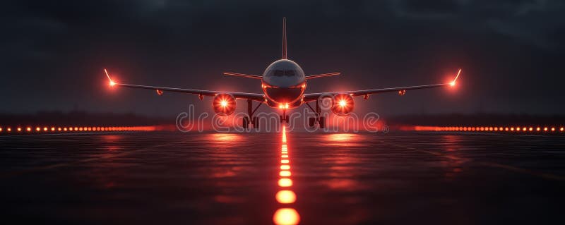 Night Airplane Takeoff Dramatic Runway Lights Travel Stock Illustration ...