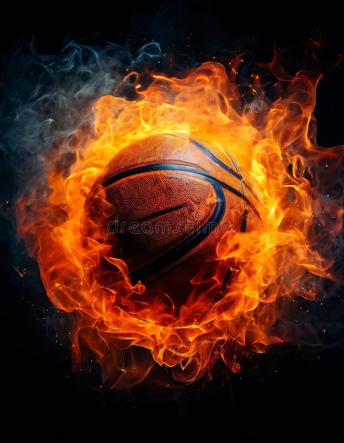 Fiery Basketball Engulfed in Dynamic Flames on Dark Background Stock ...