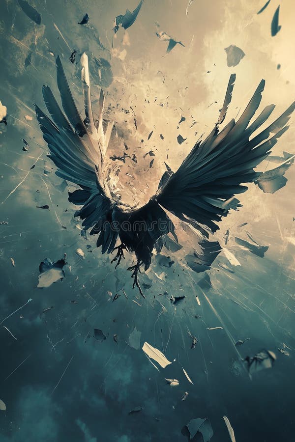 Dramatic Image of a Bird Shattering through Glass in a Surreal Sky with ...