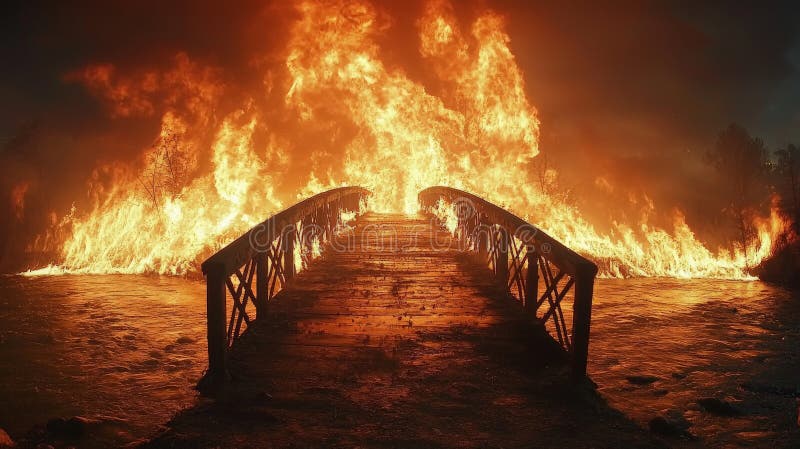 Dramatic Image of a Burning Bridge Surrounded by Intense Flames Stock ...
