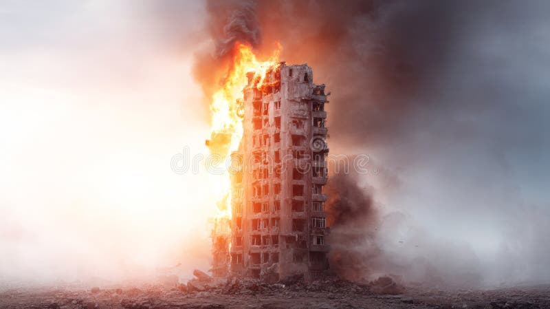 Skyscraper Burning in Nighttime. Contemporary Tall Skyscraper with ...