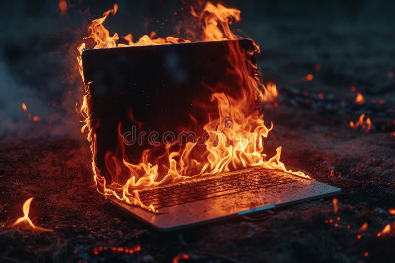 Laptop Engulfed in Flames on Dark Background Stock Photo - Image of ...