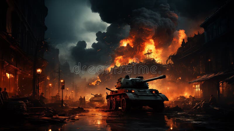 Intense War Zone Scene with Tank Amidst Conflict and Destruction Stock ...