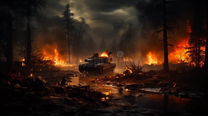 Intense War Zone Scene with Tank Amidst Conflict and Destruction Stock ...