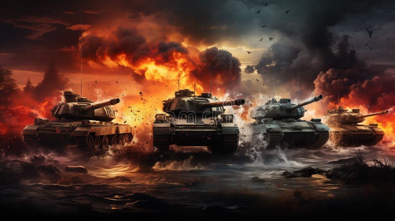 Intense War Zone Scene with Tank Amidst Conflict and Destruction Stock ...