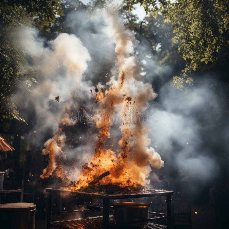 An Exploding Barbecue with Smoke and Fire Stock Illustration ...