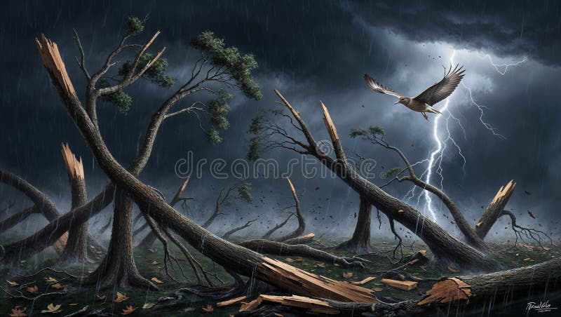 Trees Snapping in Strong Winds – a Lone Bird Flying through the Storm ...