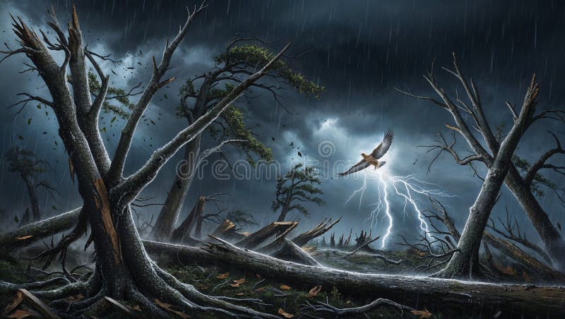 Trees Snapping in Strong Winds – a Lone Bird Flying through the Storm ...
