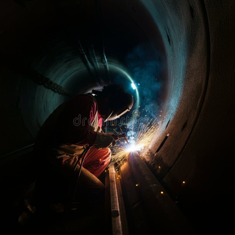 AI-Generated Image: Worker Welding Inside a Large Pipe with Bright ...