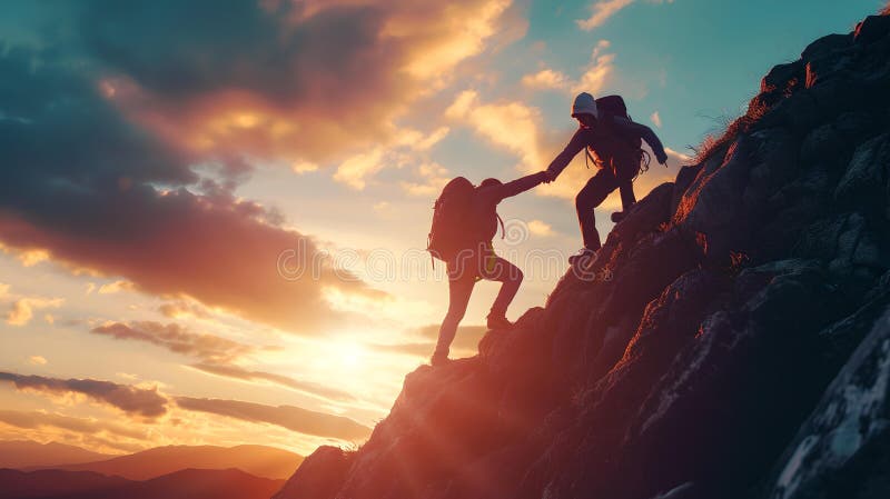 Two Climbers Reaching the Summit at Sunset. a Tale of Adventure ...