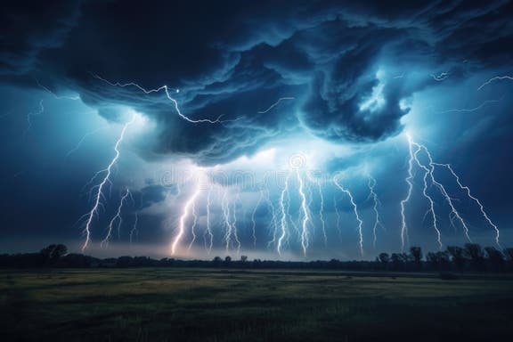 A Dramatic Image Capturing a Field Illuminated by Multiple Bolts of ...