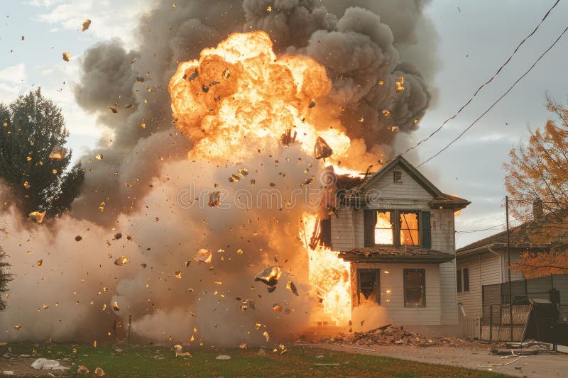 Explosive House Demolition in Suburban Area Stock Photo - Image of ...