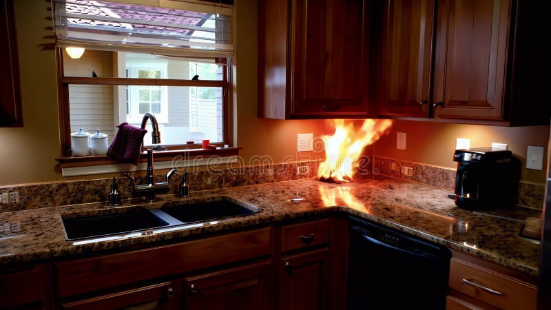 Kitchen on Fire: Dramatic Scene of Flames and Smoke in a Domestic Space ...
