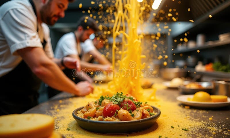Chefs Preparing Food in Restaurant Kitchen with Yellow Powder Explosion ...