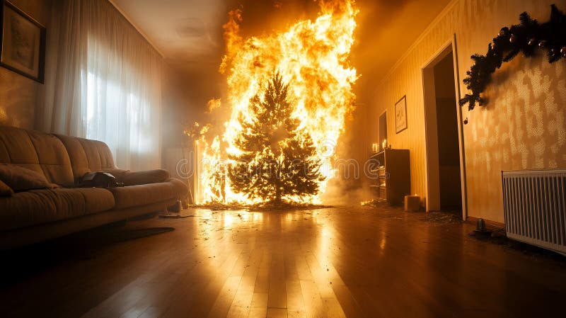 A Dramatic Image of a Christmas Tree on Fire in a Home, Showcasing the ...