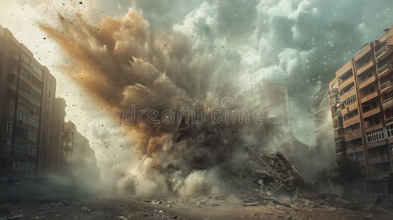 A Dramatic Image of a City in Turmoil, with Buildings Collapsing Amid a ...
