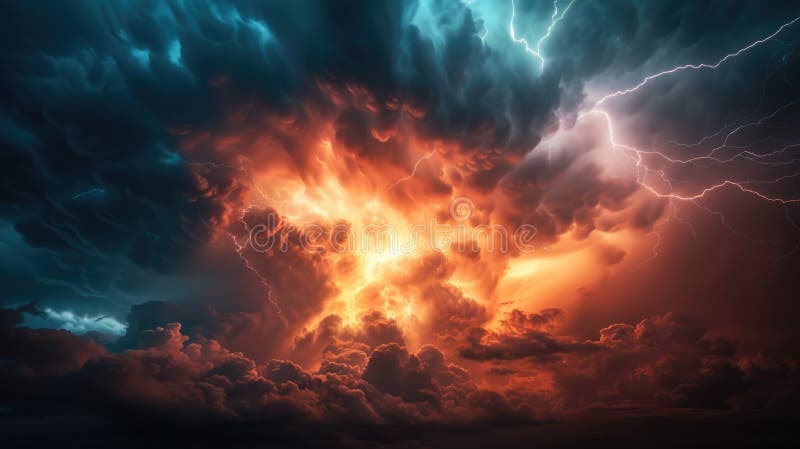 A Dramatic Image of a Cloud Filled with Orange and Blue Lightning ...