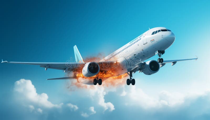 Dramatic Image of a Commercial Airplane with a Flaming Engine Against a ...