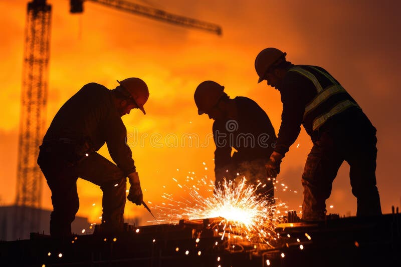 A Dramatic Image of Construction Workers Silhouetted Against a Dark ...