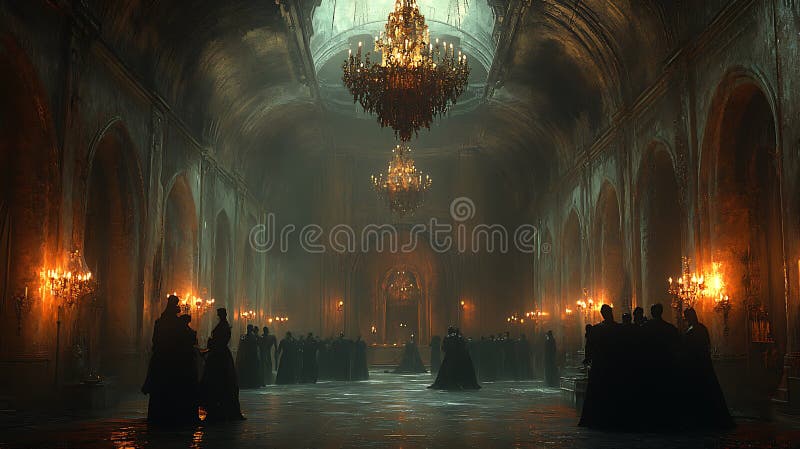 Dark Gothic Cathedral Interior with Candlelight and Silhouettes Stock ...