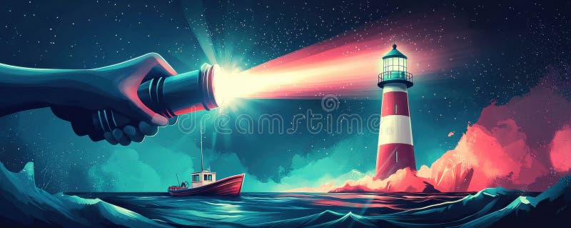 Hand Holding Flashlight Directing Light Towards a Distant Lighthouse at ...