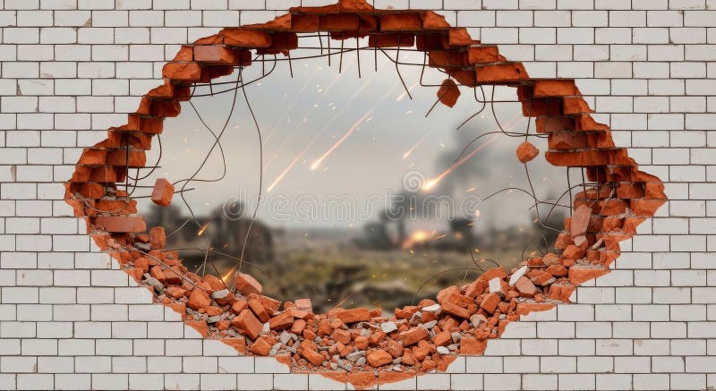 Broken Brick Wall Revealing War Scene Stock Photo - Image of brickwork ...