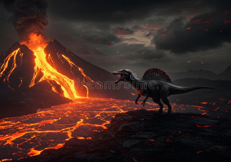 Dinosaur Volcano Eruption Scene Stock Illustration - Illustration of ...