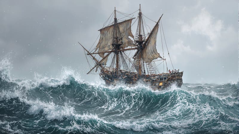 Dramatic Image of a Distressed Wooden Schooner Fighting Stormy Seas Torn Sails and Drenched Deck ...