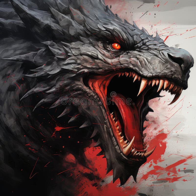 Dramatic Image of a Dragon with Strong Teeth and Red Spray Stock ...