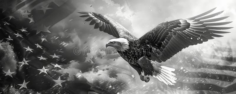 A Dramatic Image of an Eagle Swooping Down with a Wavy American Flag As ...