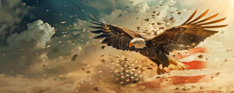 A Dramatic Image of an Eagle Swooping Down with a Wavy American Flag As ...