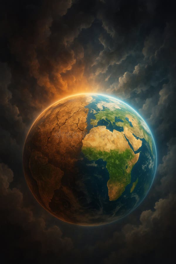 Dramatic Image of Earth Split between Life and Arid Desert, Framed by ...