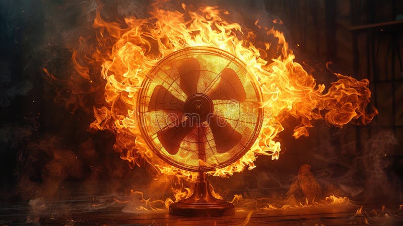 Dramatic Image of an Electric Fan Engulfed in Flames, Highlighting ...