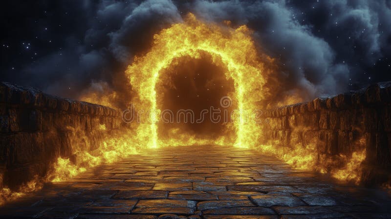 Fiery Portal Illuminates Ancient Stone Pathway Under a Dramatic, Smoky ...