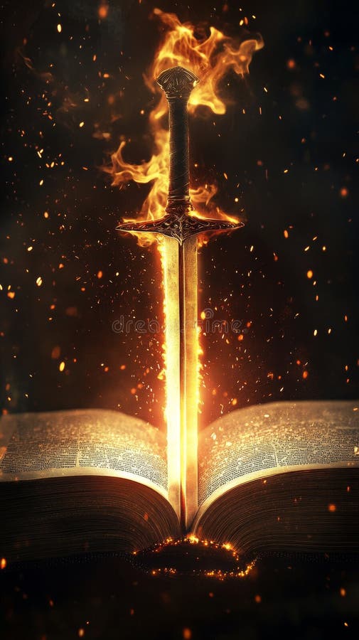 Flaming Sword Rising from an Ancient Open Book Stock Photo - Image of ...