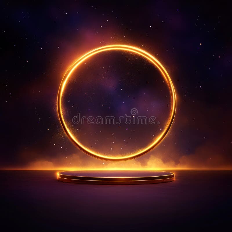 Glowing Golden Ring and Platform Against a Night Sky Background. Stock ...