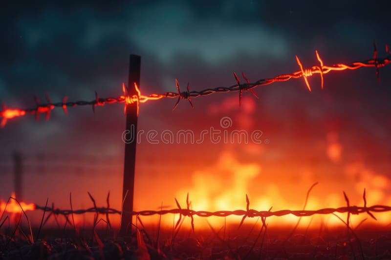 A Dramatic Image of a Fire Burning Behind a Barbed Wire Fence. Suitable ...