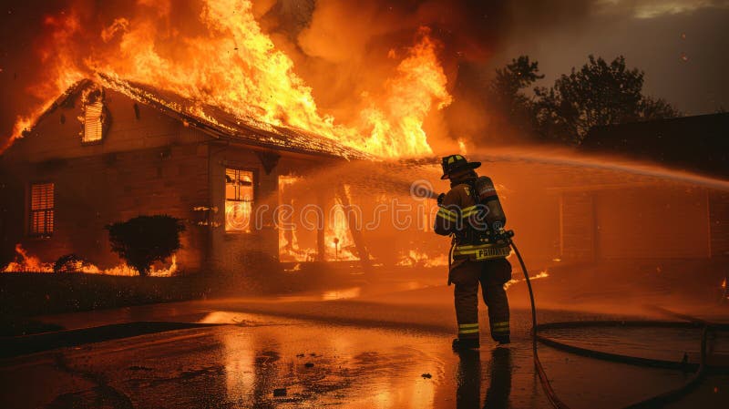 Dramatic Image of Firefighter in Action, Dousing Flames with Water ...