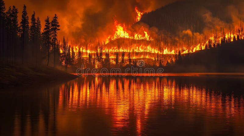 A Dramatic Image of a Forest Fire Reflecting Off the Surface of a Lake ...
