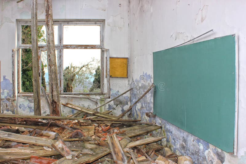 Destroyed school building stock image. Image of window - 127447859